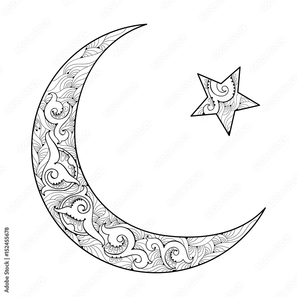 Vector silhouette of star and crescent in black isolated on white ...