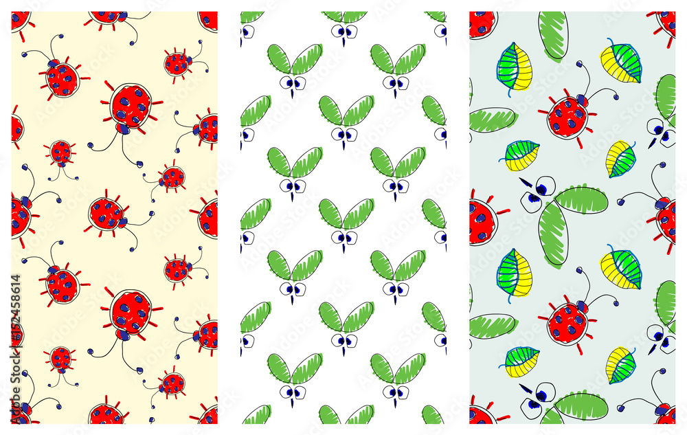 Seamless vector pattern with insect. Cute hand drawn endless background ...
