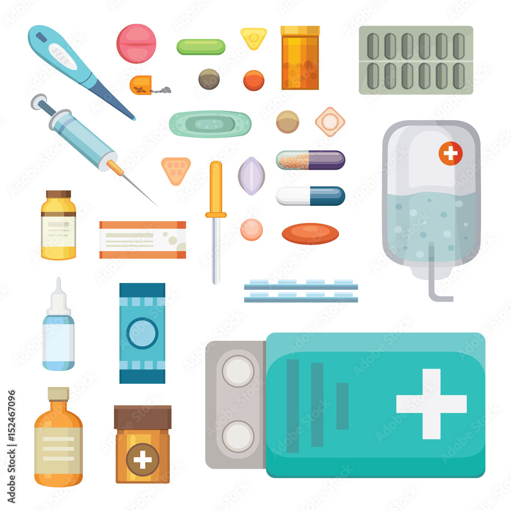 Cartoon medicaments. Different medical pills and bottles, healthcare ...