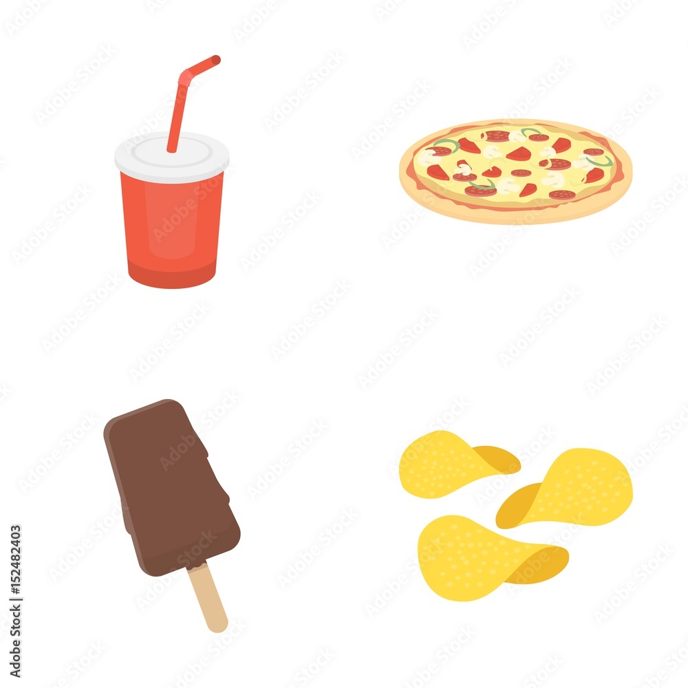 Cola, pizza, ice cream, chips.Fast food set collection icons in cartoon ...