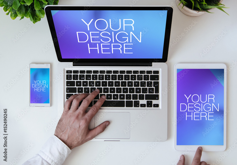 Top View Mockup of Device and Computer User Stock Template | Adobe Stock