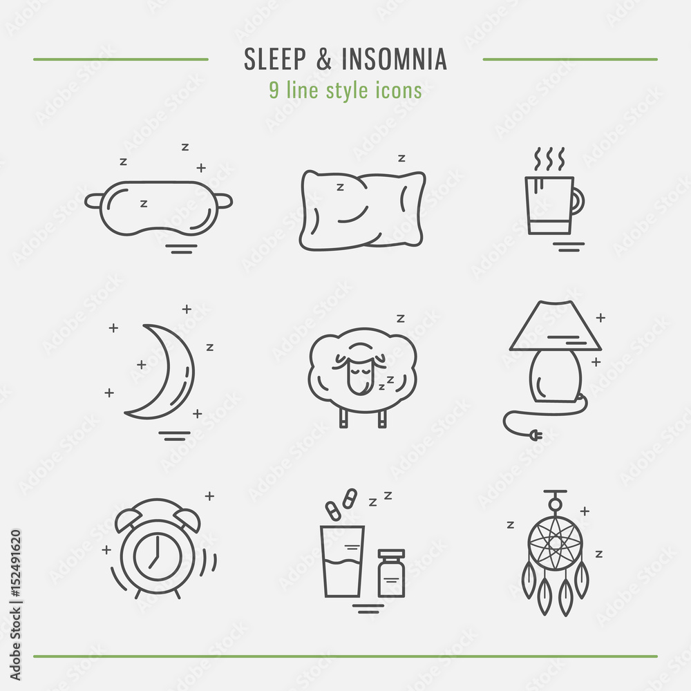 Collection of isolated vector line icons with sleep problems and ...