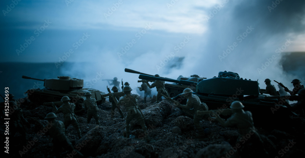 War Concept. Military silhouettes fighting scene on war fog sky ...