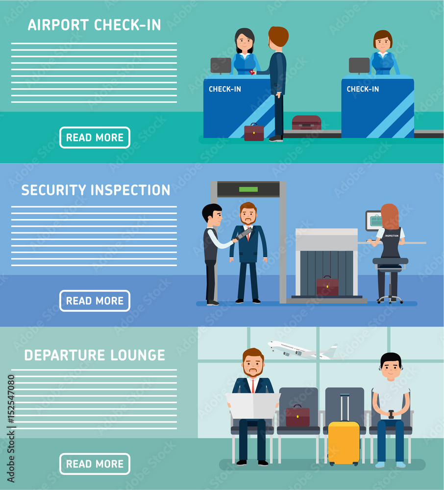Airport terminals banners. Airport Terminal Security Check, check-in ...