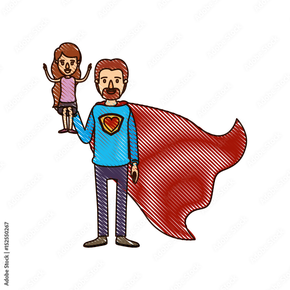color crayon stripe cartoon full body super dad hero with girl on his ...