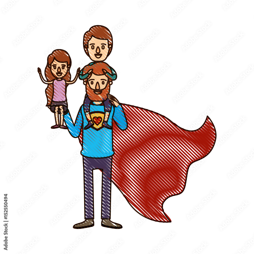 color crayon stripe cartoon full body super dad hero with girl on his ...