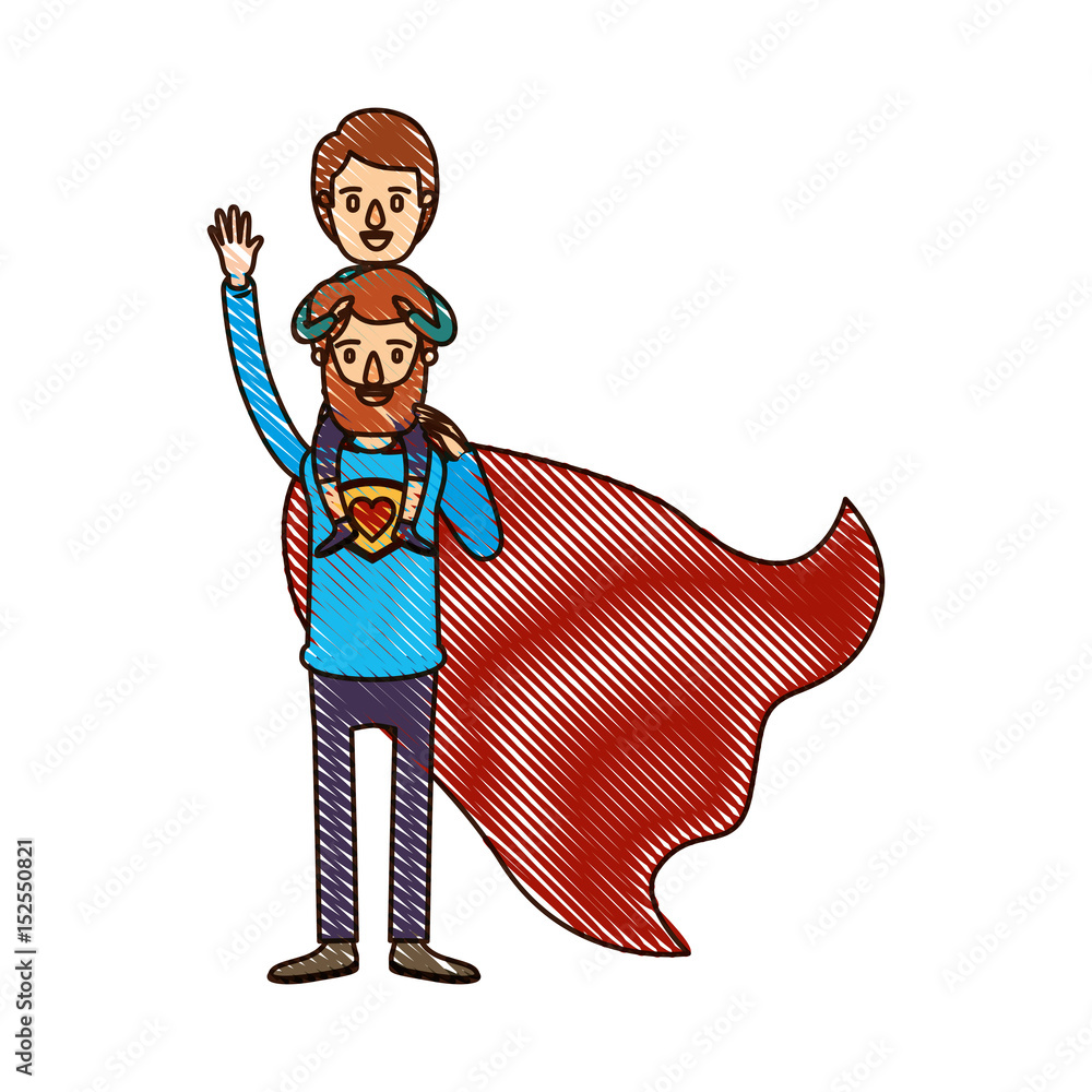 color crayon stripe cartoon full body super dad hero with boy on his ...