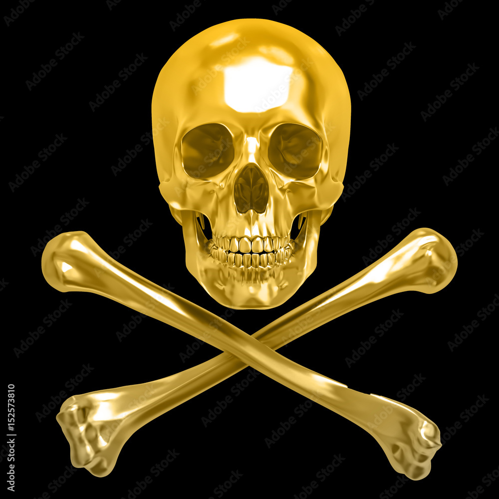 Bright shining, golden human skull and crossed bones, isolated against ...