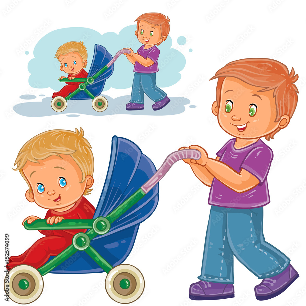 Vector clip art illustration older brother wheeled baby stroller with ...
