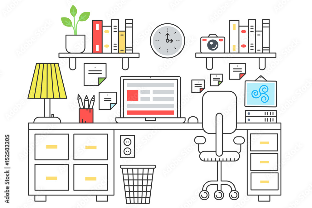 Vector illustration of a computer placed on an office desk. Flat color ...