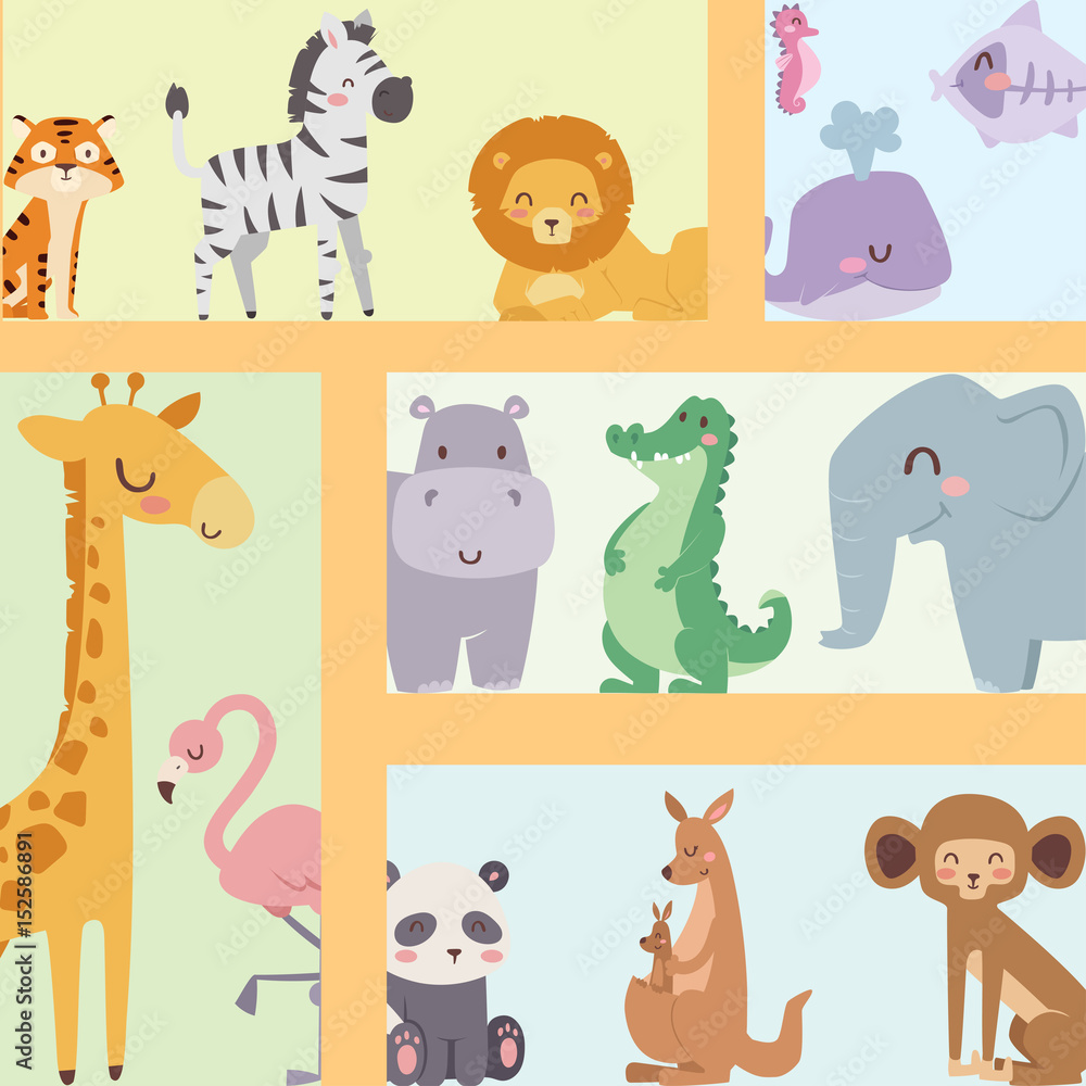 Cute zoo cartoon animals isolated funny wildlife learn cute language ...