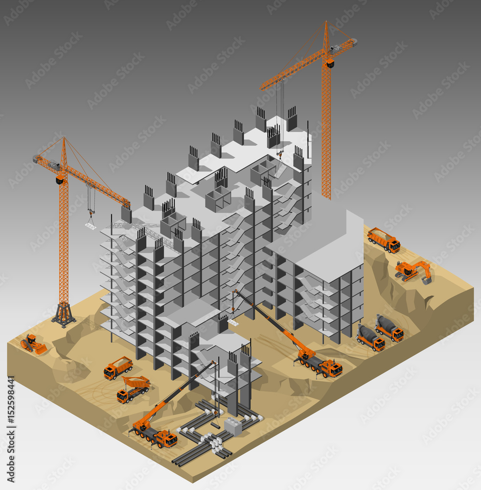 Vector isometric illustration of the construction site at the stage of ...
