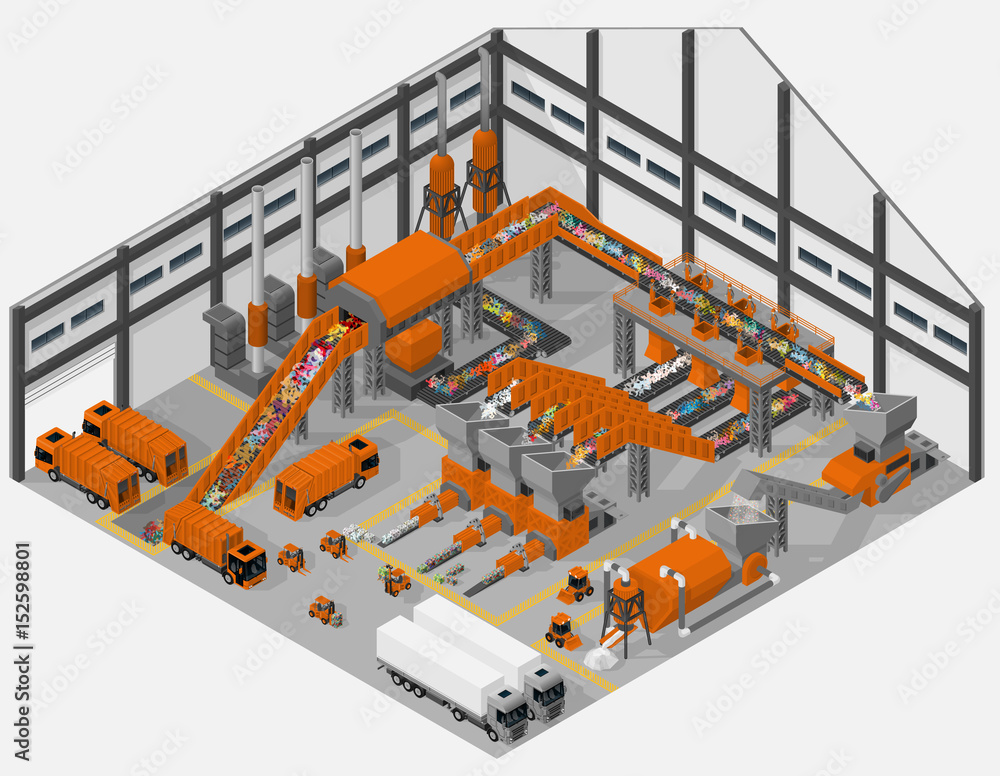 Vector isometric illustration of interior of waste processing plant ...