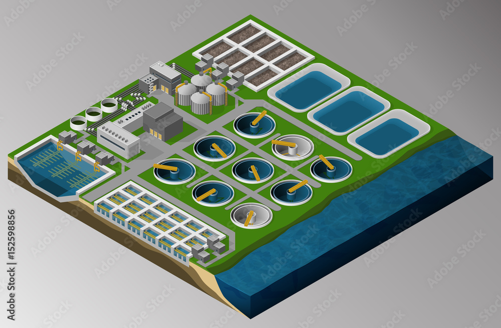 Vector isometric illustration of the wastewater treatment plant ...