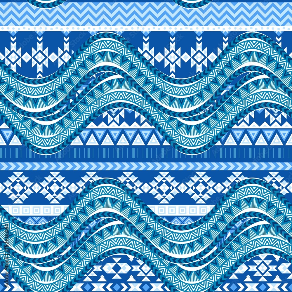 Sea wave background. Ethnic seamless pattern ornament, abstract blue ...
