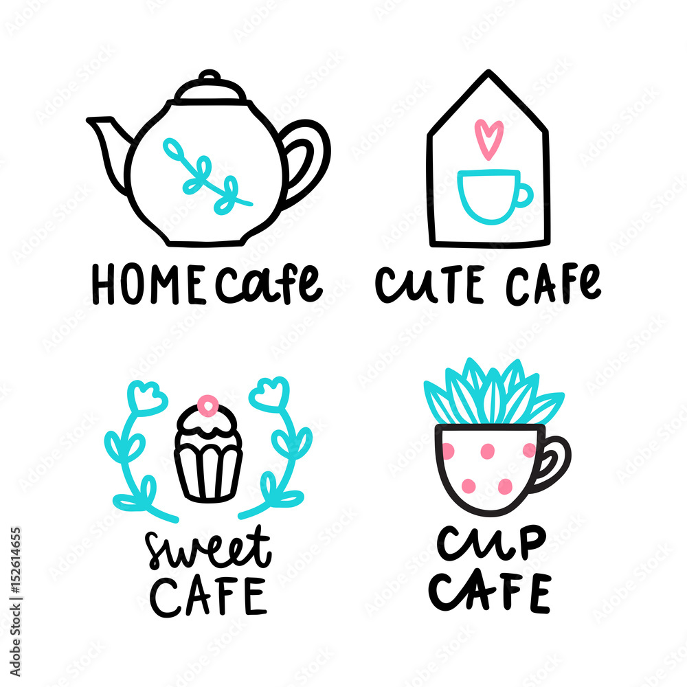 Cute cafe logotype. Vector hand drawn labels. Linear illustration Stock ...