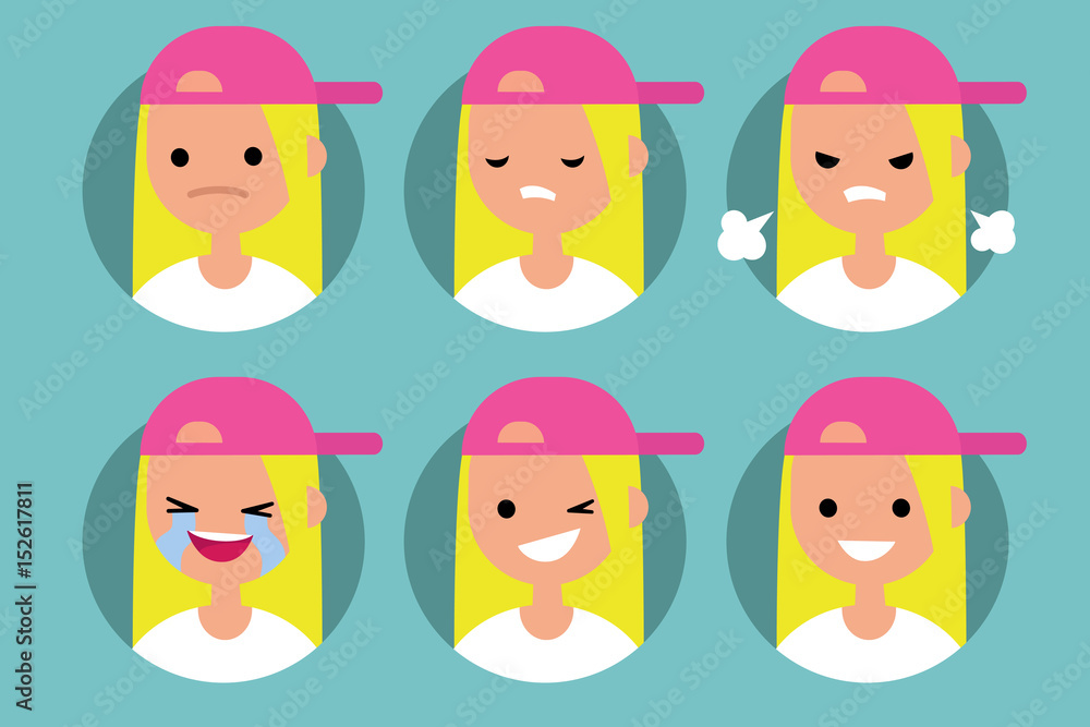 Young blonde girl wearing pink cap profile pics / Set of flat vector ...