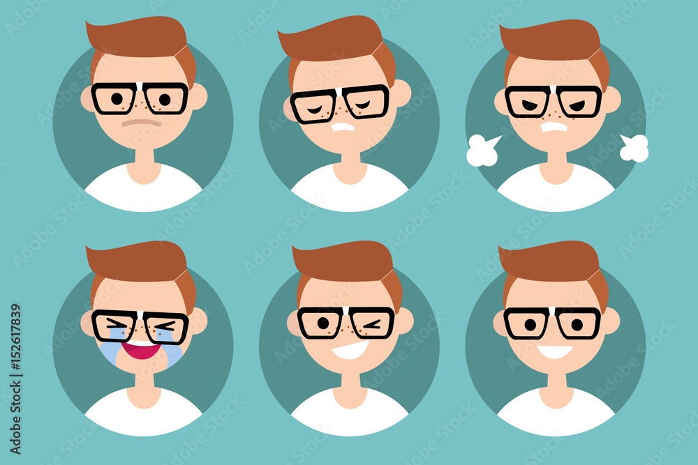 Nerd boy profile pics / Set of flat vector portraits. upset, offended ...