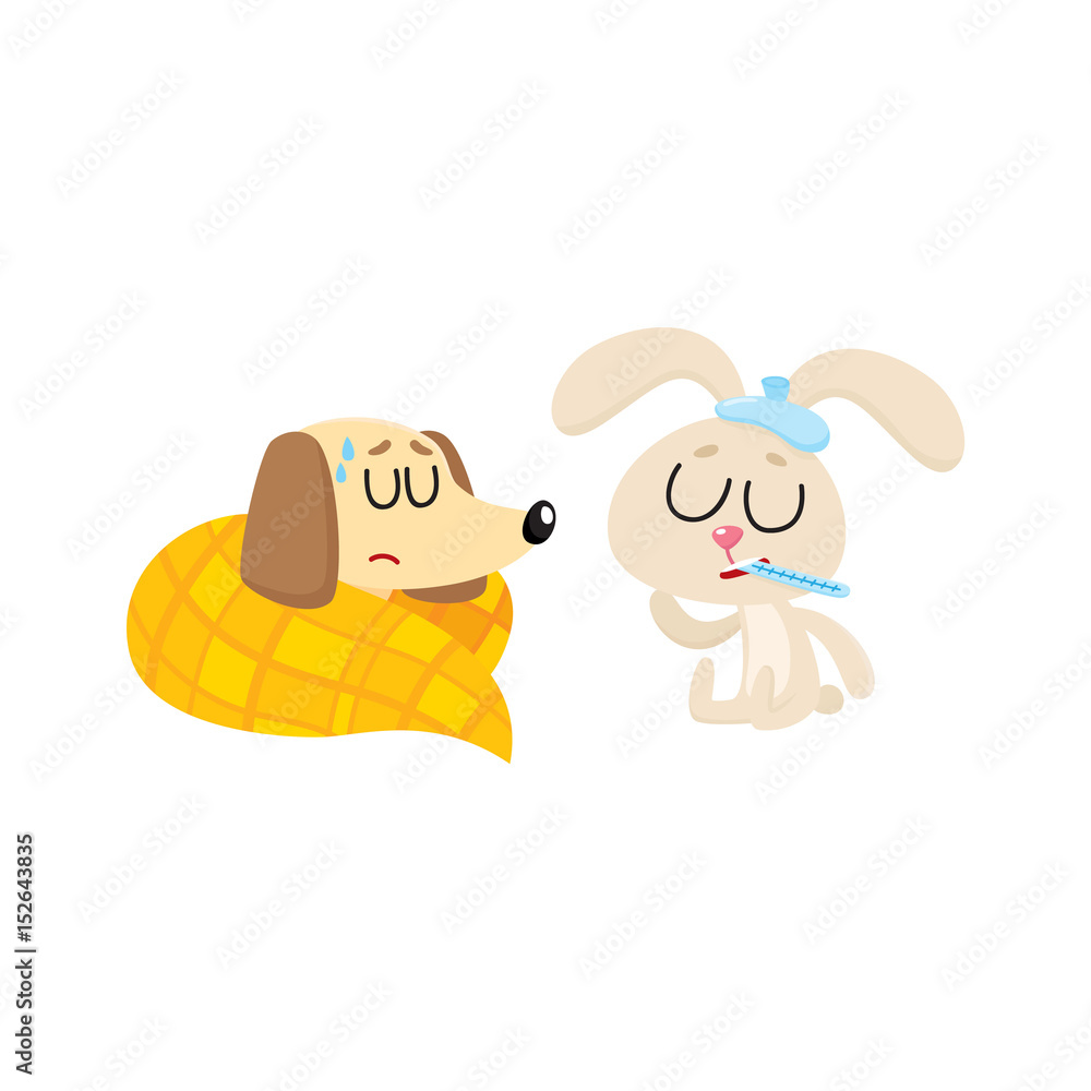Sick baby dog and rabbit having flu, fever, sleeping, sitting with ice ...