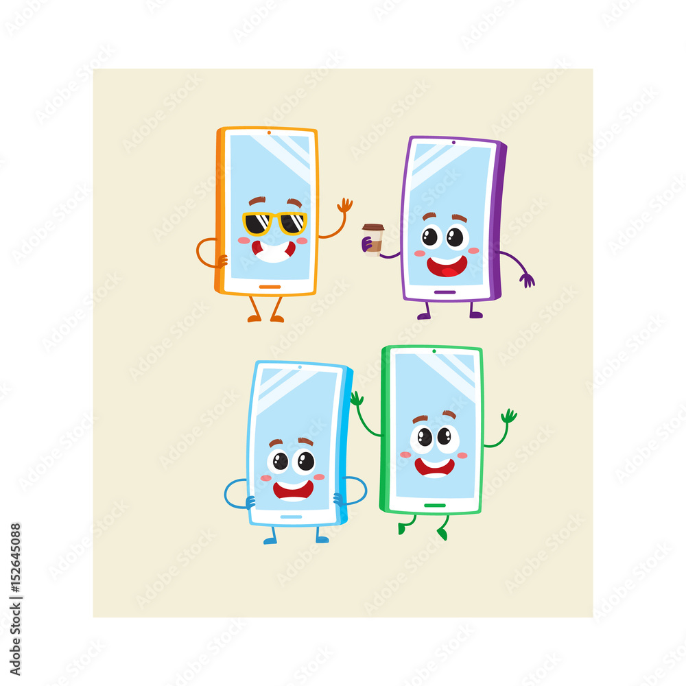 Set of cartoon mobile phone, smartphone characters with human faces ...
