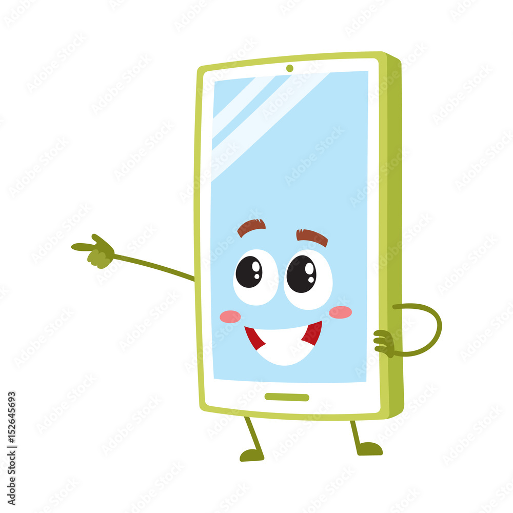Cartoon mobile phone, smartphone character pointing to something with ...