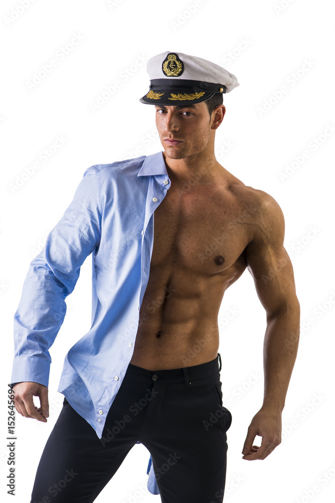 Muscular male sailor with open shirt on muscle torso, wearing marine ...