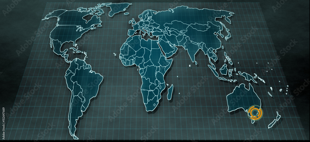 Futuristic world map in digital display with highlight on Canberra ...