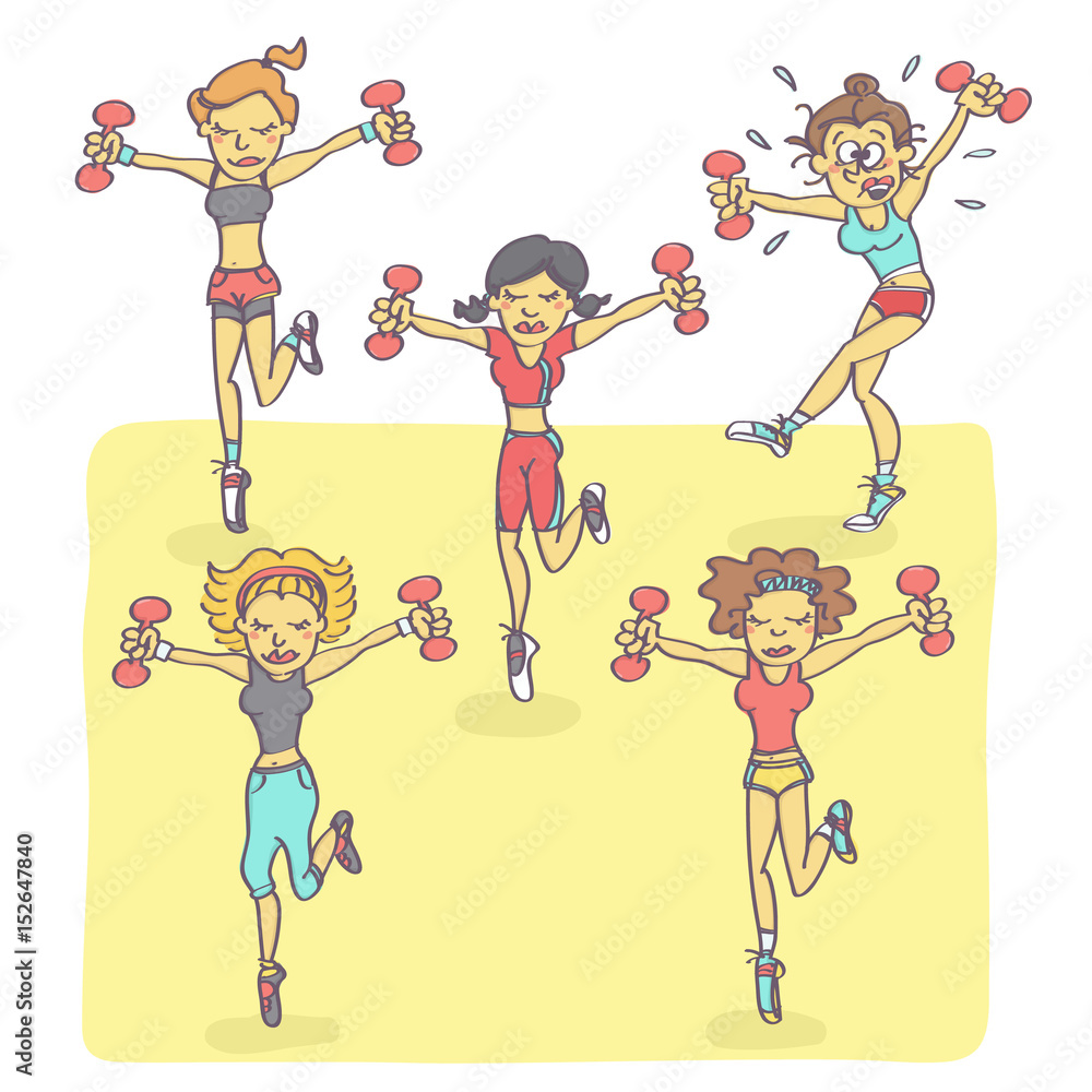 Funny vector cartoon with group of women exercising aerobics while one ...