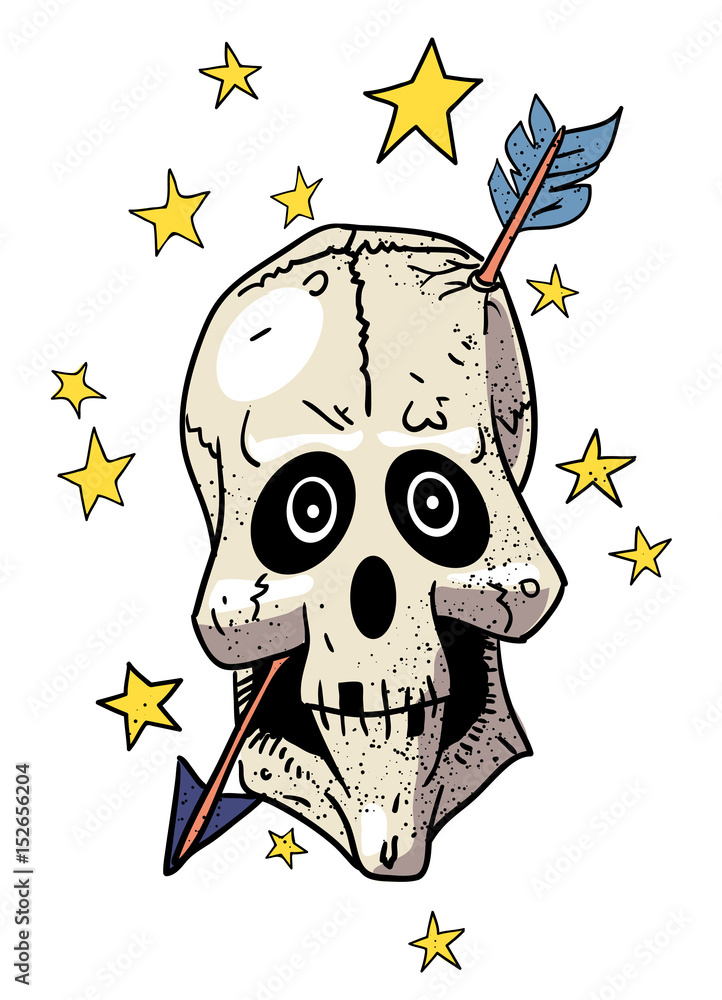 Cartoon image of magic skull with arrow through brain. An artistic ...