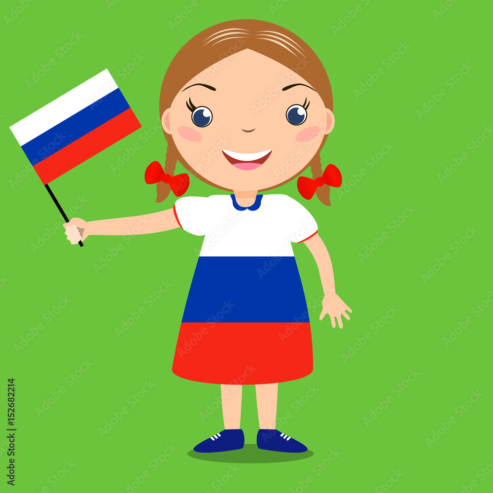 Smiling child, girl, holding a russian flag isolated on green ...