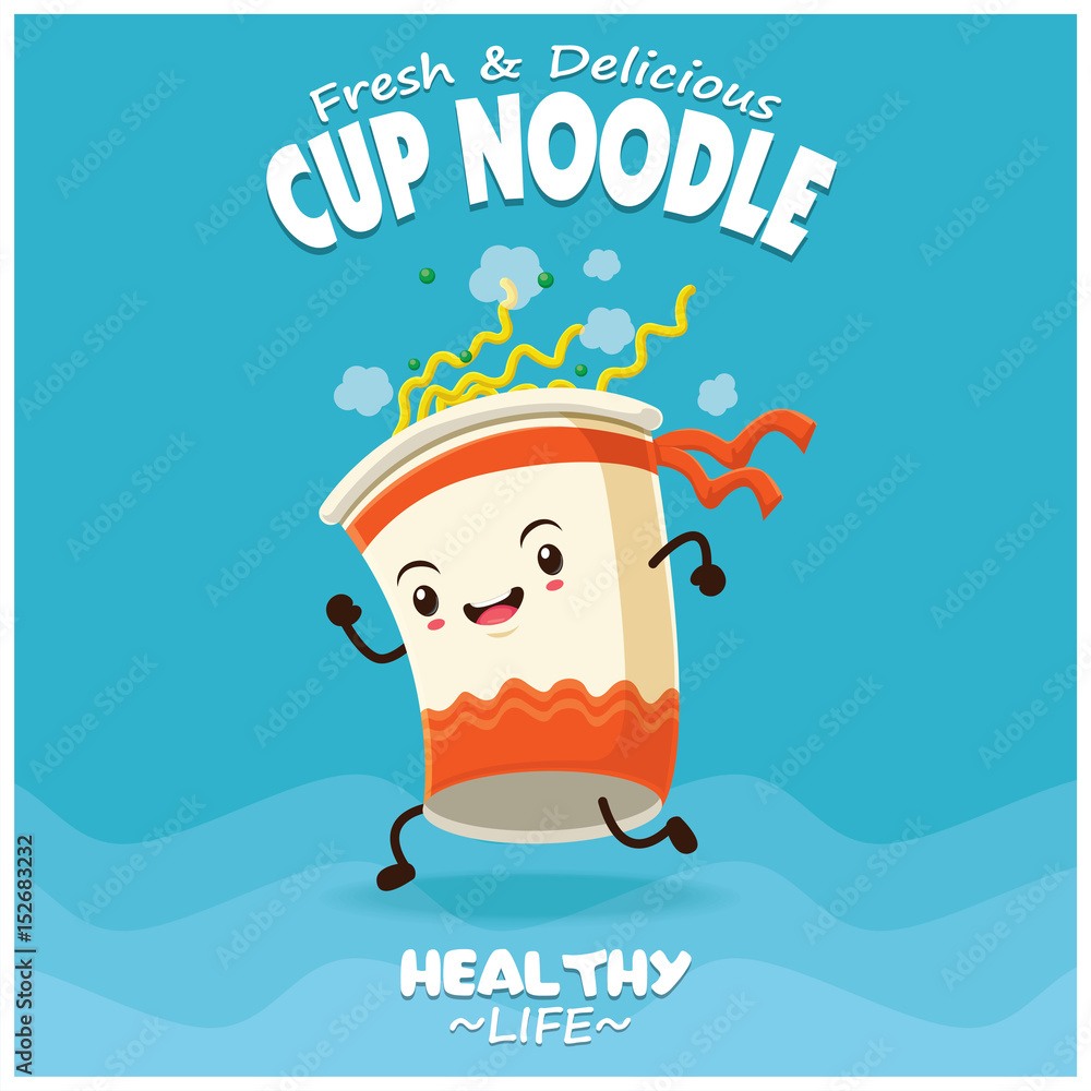 Vintage cup noodle poster design with vector cup noodles character ...