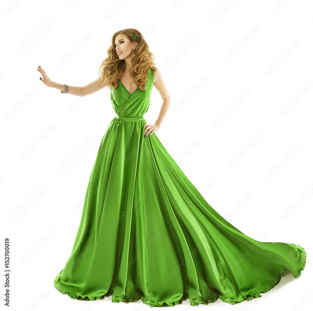 Woman Green Dress, Fashion Model in Long Silk Gown Touch by Hand ...