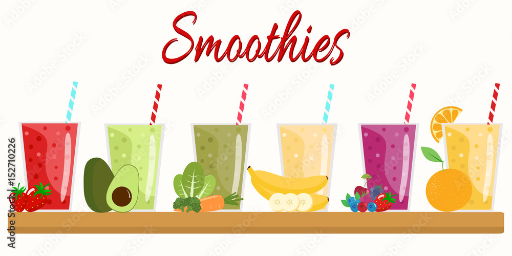 Cartoon smoothies. Orange, strawberry, berry, banana and avocado ...