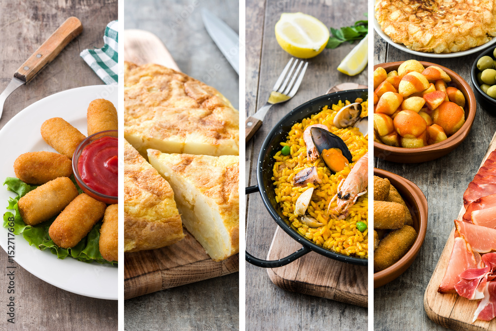 Spanish food collage: Seafood paella, croquettes, tapas and omelette ...
