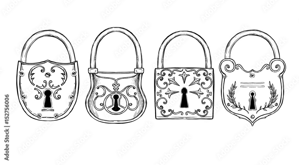 Hand sketched vector illustrations - collections of vintage locks ...