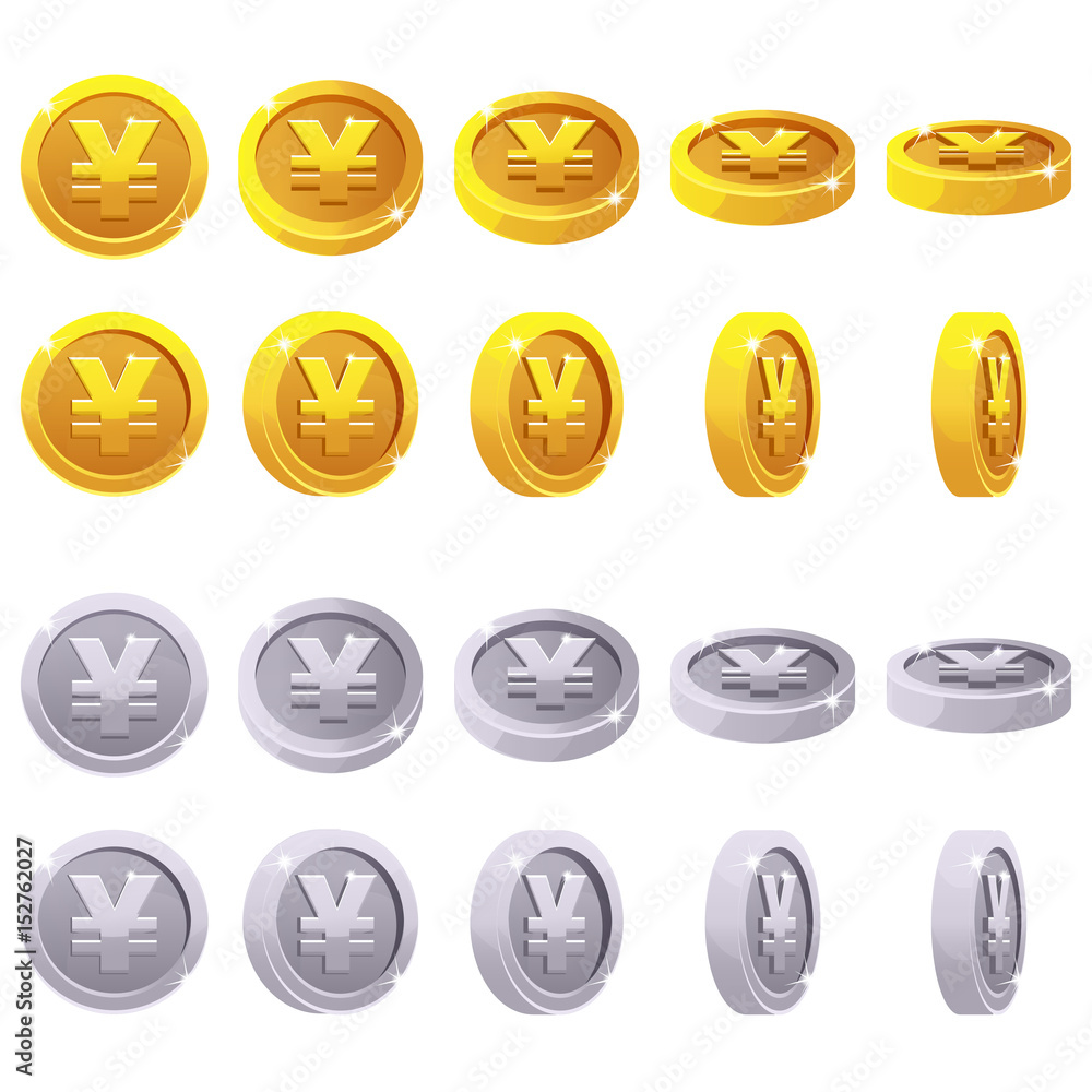 Cartoon set of 3D metallic yen coin yuan symbol, chinese money, vector ...