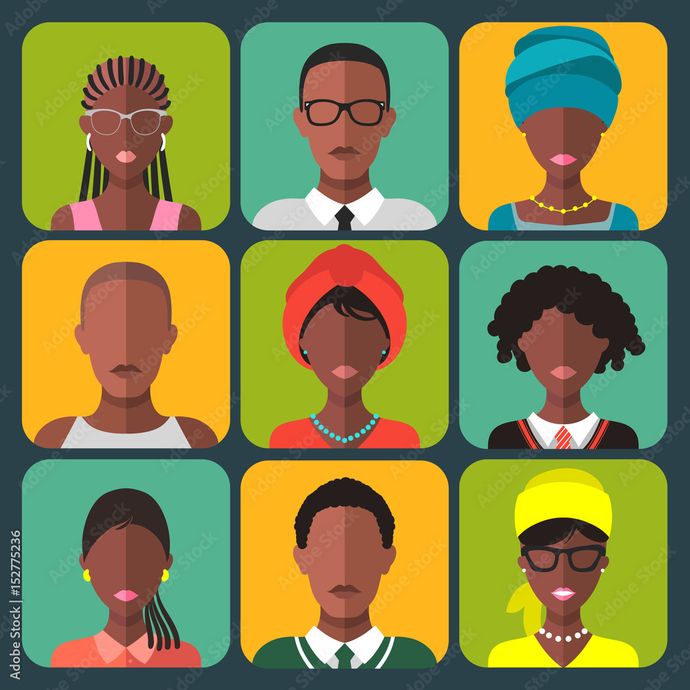 Vector set of different african people app icons in flat style.Female ...