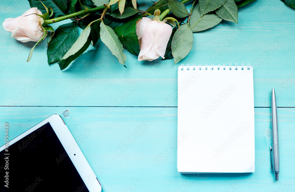 Spring background layout on a blue wooden background with flowers of ...