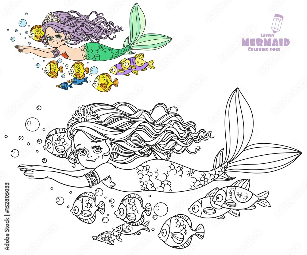 Beautiful little mermaid girl swim with fish coloring page on a white ...
