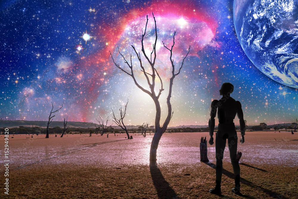 Fantasy landscape of the future - Person silhouette standing on barren ...