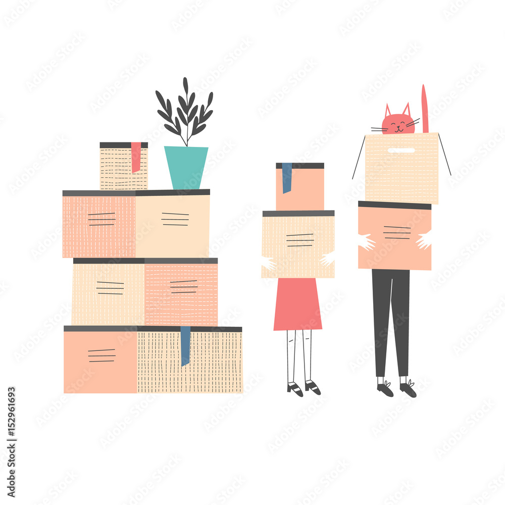 People Moving Boxes Cartoon