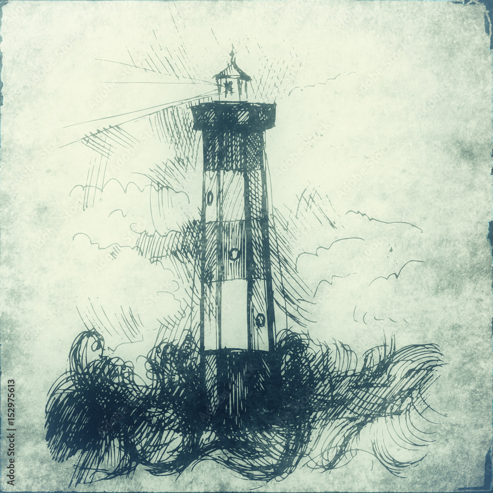 Lighthouse hand draw illustration. Old paper background with lighthouse ...