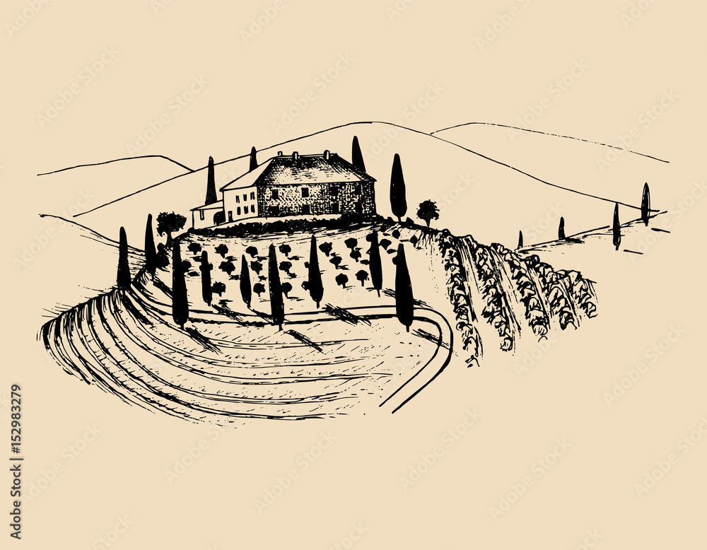 Sketch of villa, peasants house in fields. Vector rural landscape ...