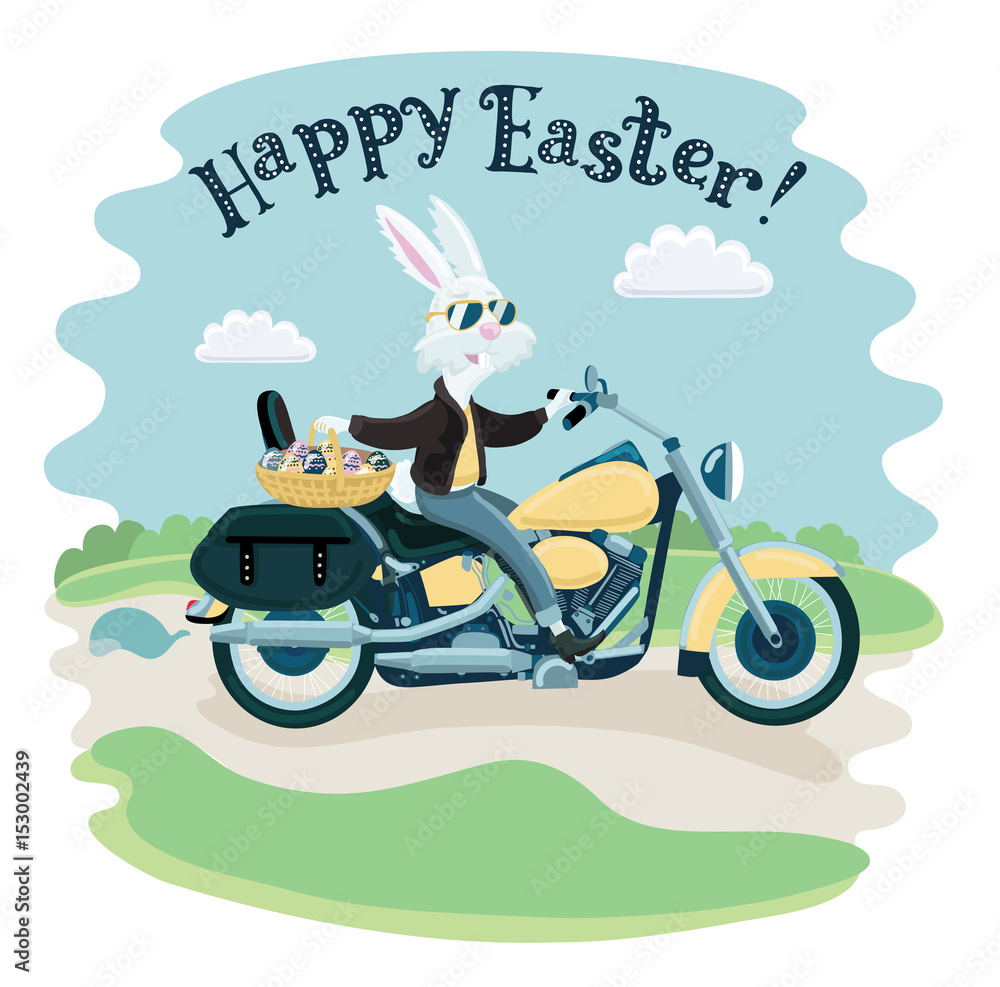 One rabbit mounted on a motorcycle background in cartoon style ...