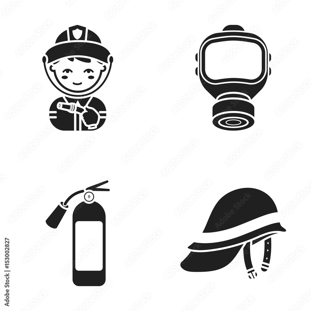 Fireman, gas mask, fire extinguisher, helmet. Fire department set ...