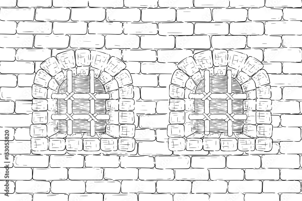 Old brick wall with barred windows. Hand drawing, vintage sketch Stock ...