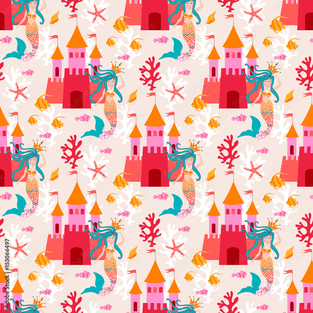 Seamless pattern with little princess mermaid with castle. Vector sweet ...