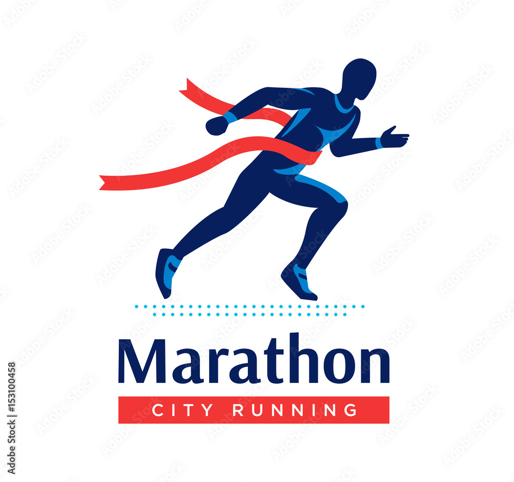 Running marathon logo or label. Runner with red ribbon. Vector flat ...