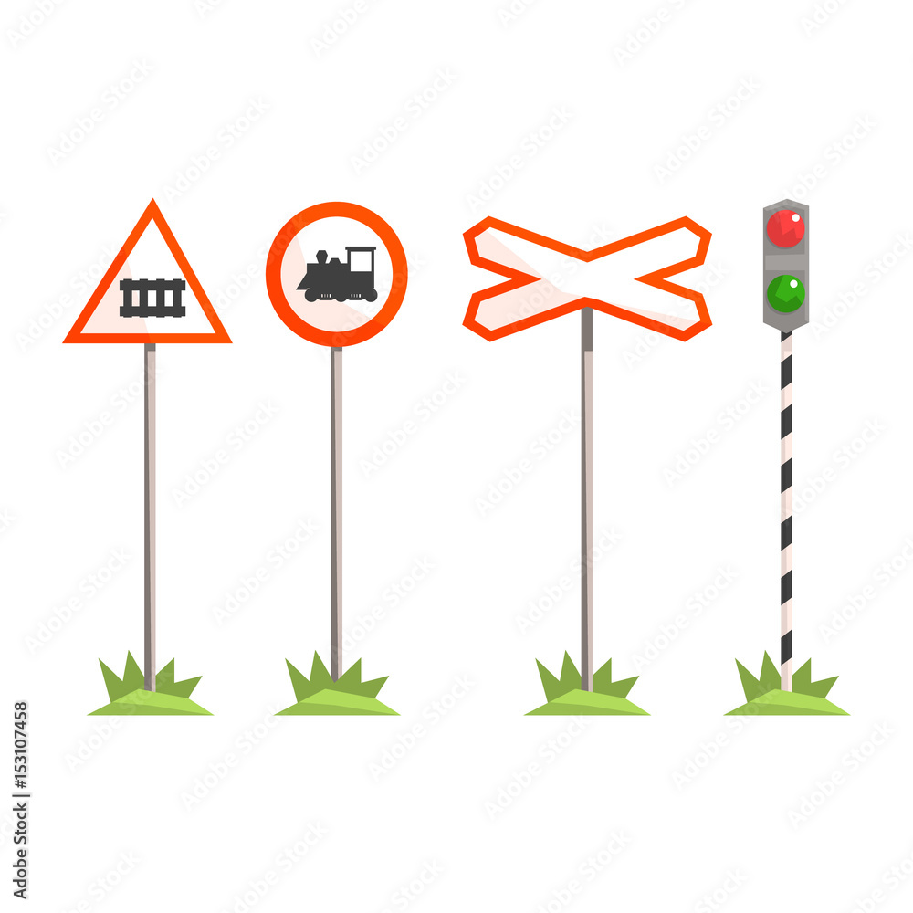 Railway intersection signs, different traffic signs for a railroad ...