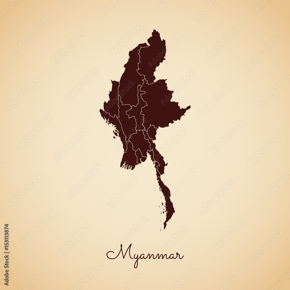 Myanmar region map: retro style brown outline on old paper background ...